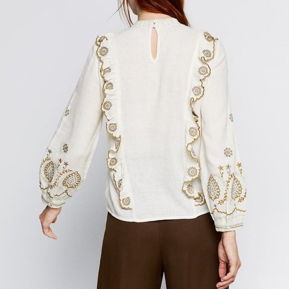 Zara | Tops | Zara Embroidered Blouse With Ruffles | Poshmark